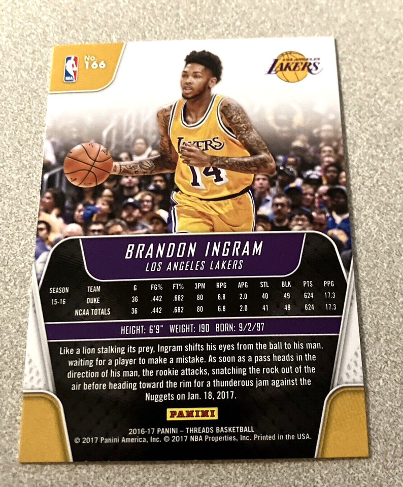 2016-17 Panini Threads RC #166 Brandon Ingram Lakers | eBay