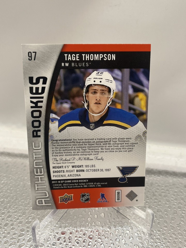 2017-18 #97 Tage Thompson SP Game Used Authentic Rookies Jersey Relic ...