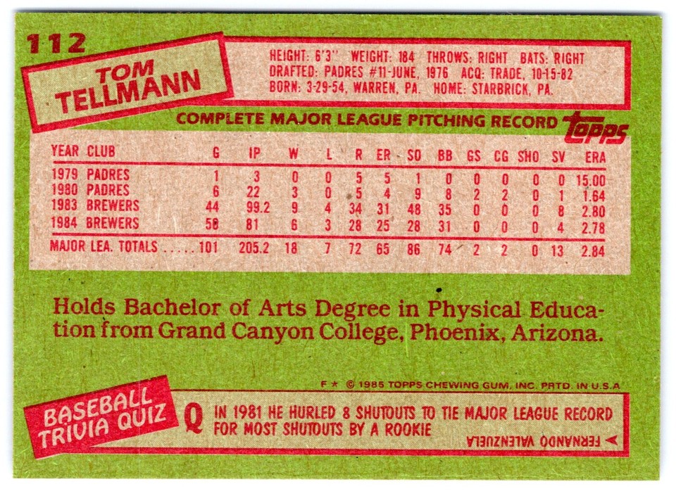 TOM TELLMANN 1985 TOPPS 85 NO 112 NRMINT+ 33010 | eBay