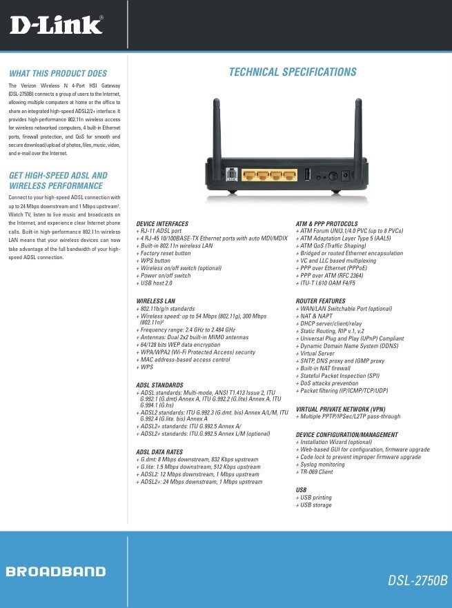 NEW D-Link DSL-2750B 4-Port Wireless Router (Power Supply NOT Included ...