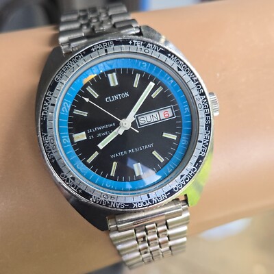 Vintage CLINTON men's automatic watch World time Ronda 1239 25Jewels ...
