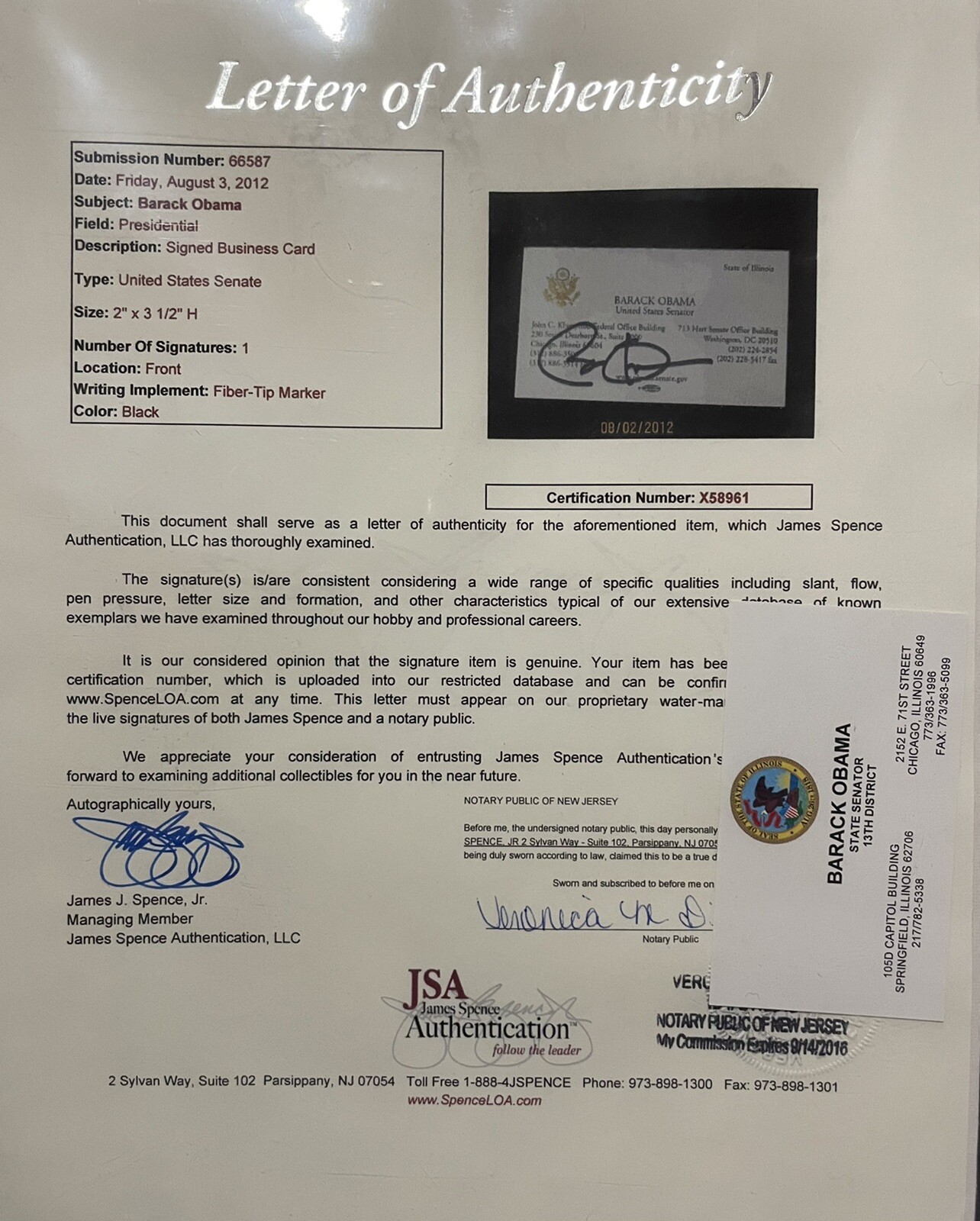 President Barack Obama Autographed US Senator Business Card (JSA Full ...