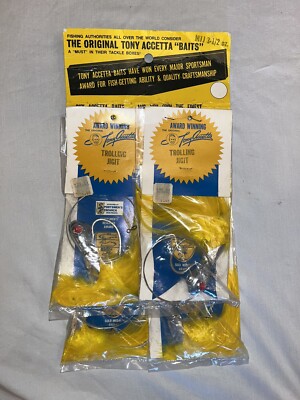 4 RARE Vintage Tony Accetta Heavy Trolling Jig yellow feathers cable ...