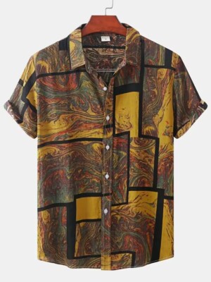 Button Up Short Sleeve Shirt abstract Square Graphic Casual Shirt ...