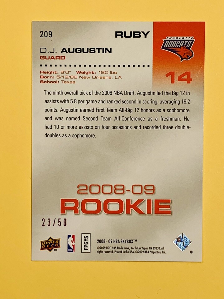 2008-09 Upper Deck Skybox Ruby DJ Augustine Rc #ed 23/50 SSP 📈📈 | eBay