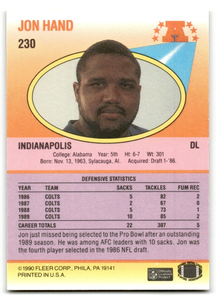 1990 Fleer Jon Hand Indianapolis Colts #230 | eBay