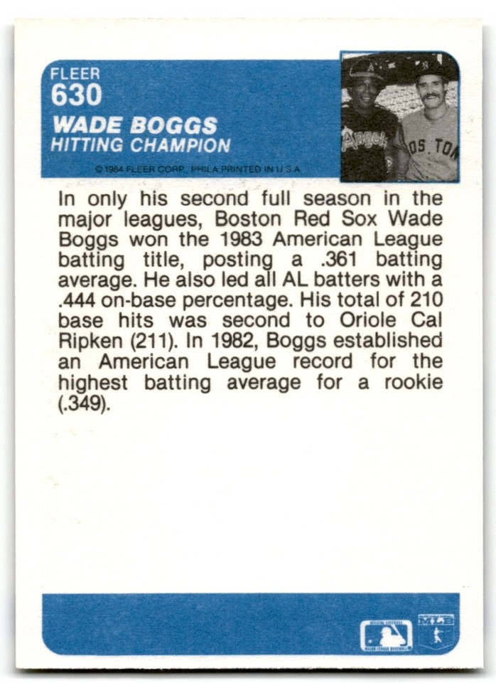 1984 Fleer Wade Boggs Boston Red Sox #630 | eBay