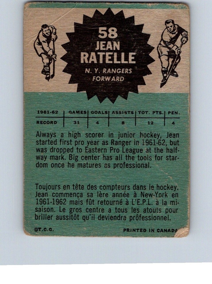 VINTAGE HOCKEY CARD TOPPS 1962 NEW YORK RANGERS JEAN RATELLE NO18 | eBay