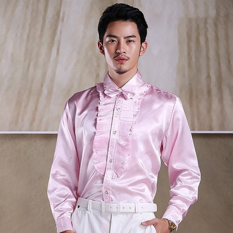 Men Long Sleeve Top Ruffle Pleated Front Shirt Wet-Look Frill Top Shiny ...