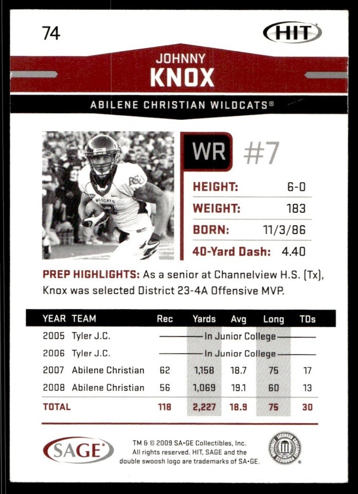 2009 SAGE HIT Johnny Knox Rookie G111 Abilene Christian Wildcats #74 | eBay