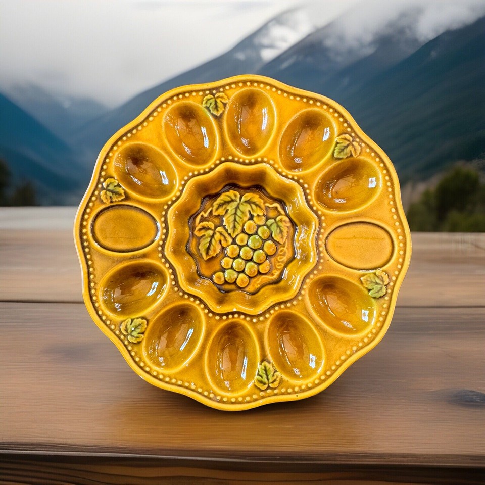 Vintage Ceramic Deviled Egg Serving Plate USA 70's Brown 10 places 1960 ...