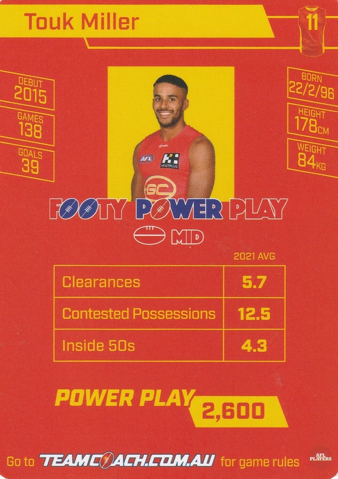 AFL 2022 Teamcoach Gold Coast Suns - Touk Miller Silver Card No.95 | eBay