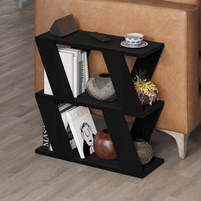 Slim Black Wood Side Table with 2 Tier Storage Shelf | Modern 60cm ...