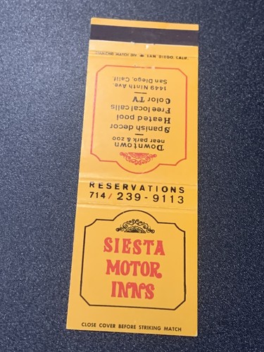 Vintage California Matchbook: “Siesta Motor Inns” San Diego, CA | eBay