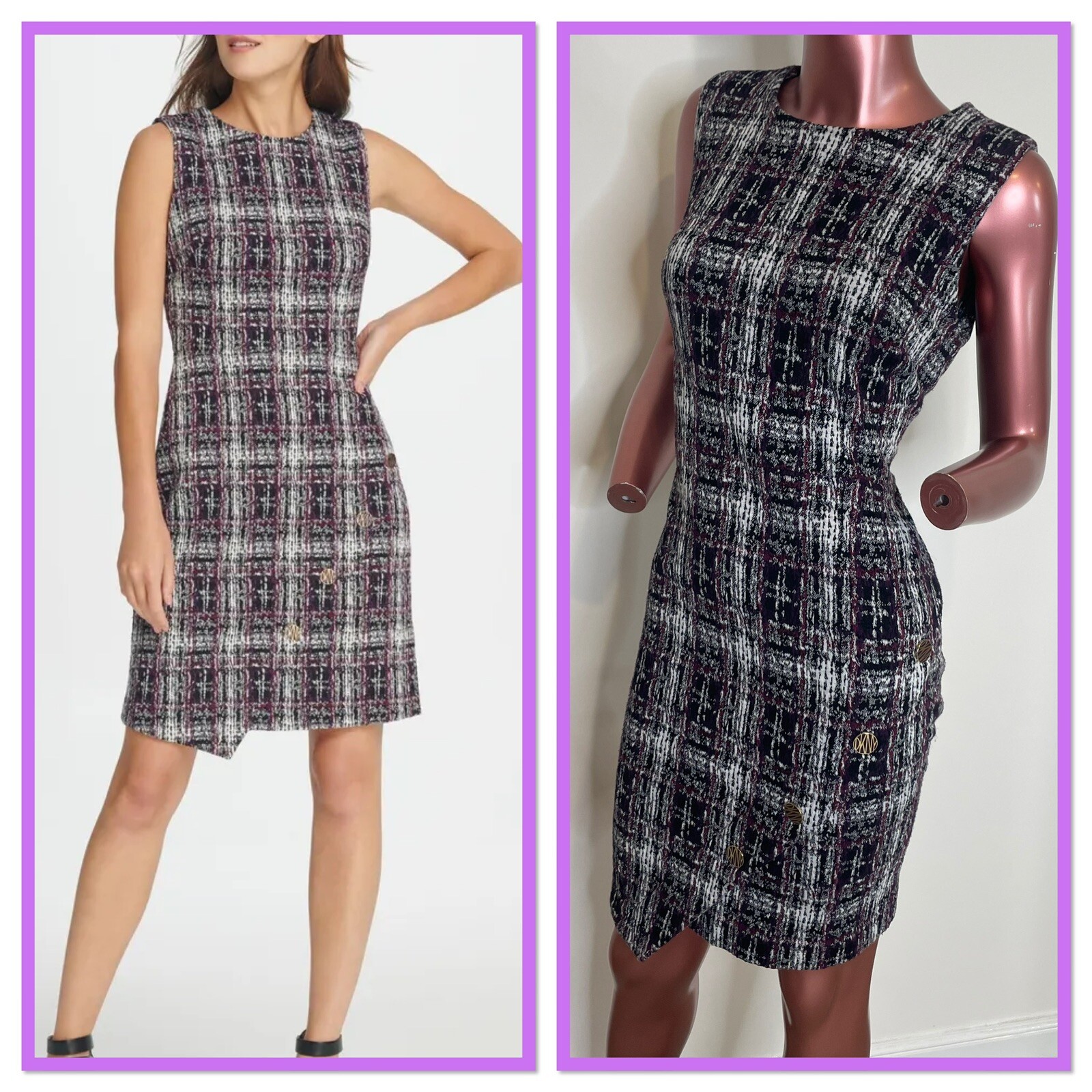 DKNY Asymmetrical Purple Tweed Style Sheath Sleeveles… - Gem