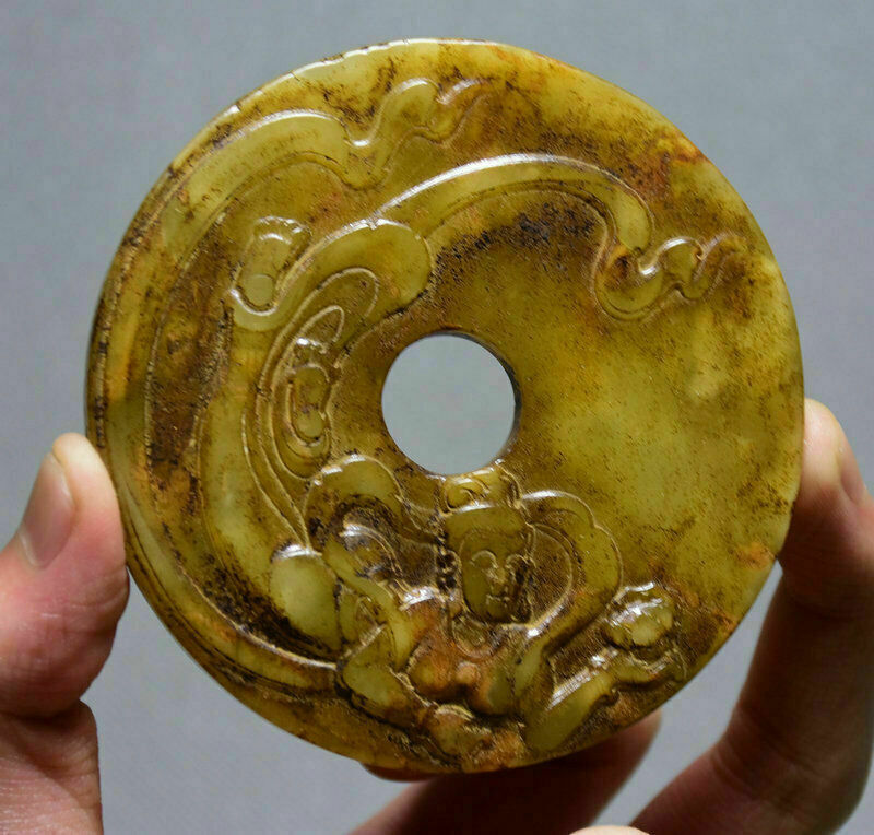 8CM China Hongshan Culture Natural Hetian Jade Beauty Yu Bi Jade Coin ...