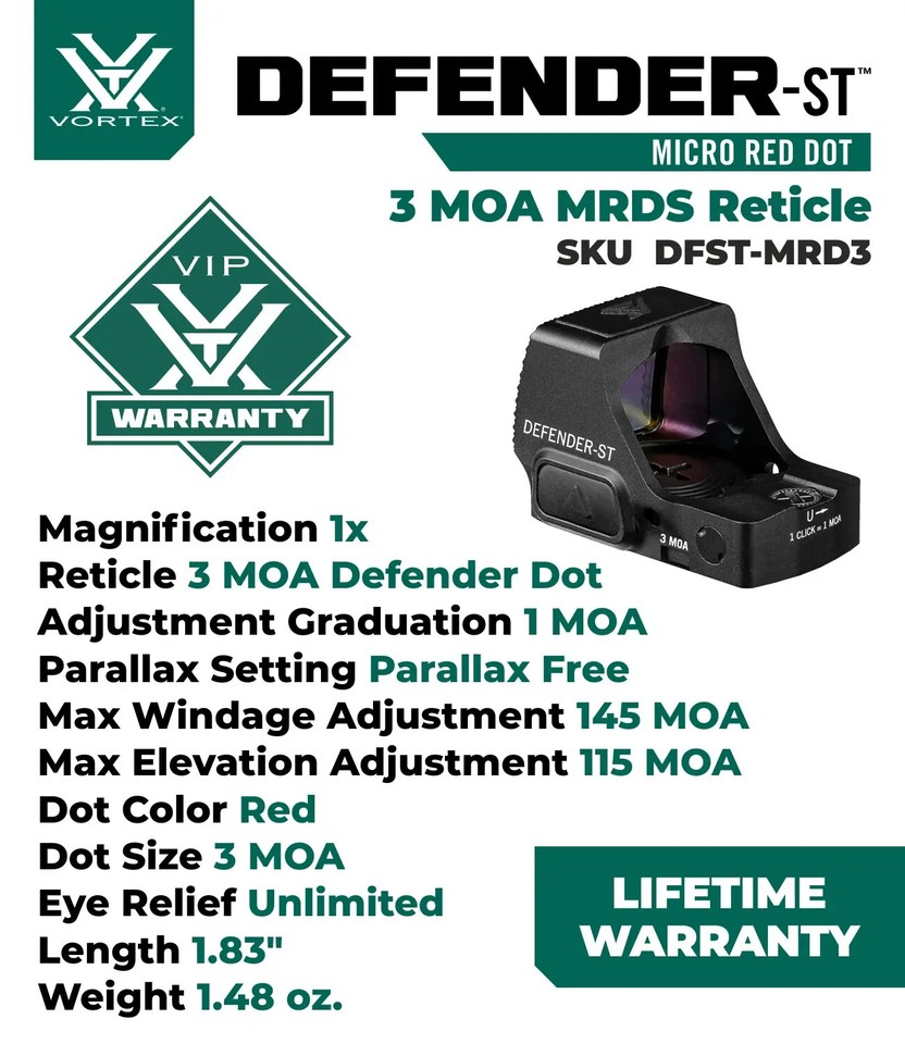 Vortex Defender ST Red Dot Sight 3 MOA Center Dot w/ Rail Mount, DFST ...