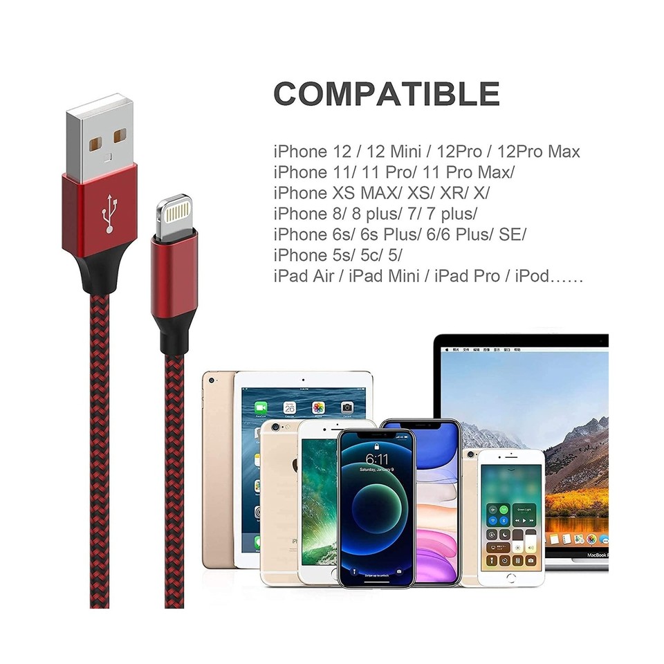 [Apple MFi Certified] 6Pack 3/3/6/6/6/10 FT iPhone Charger Nylon ...