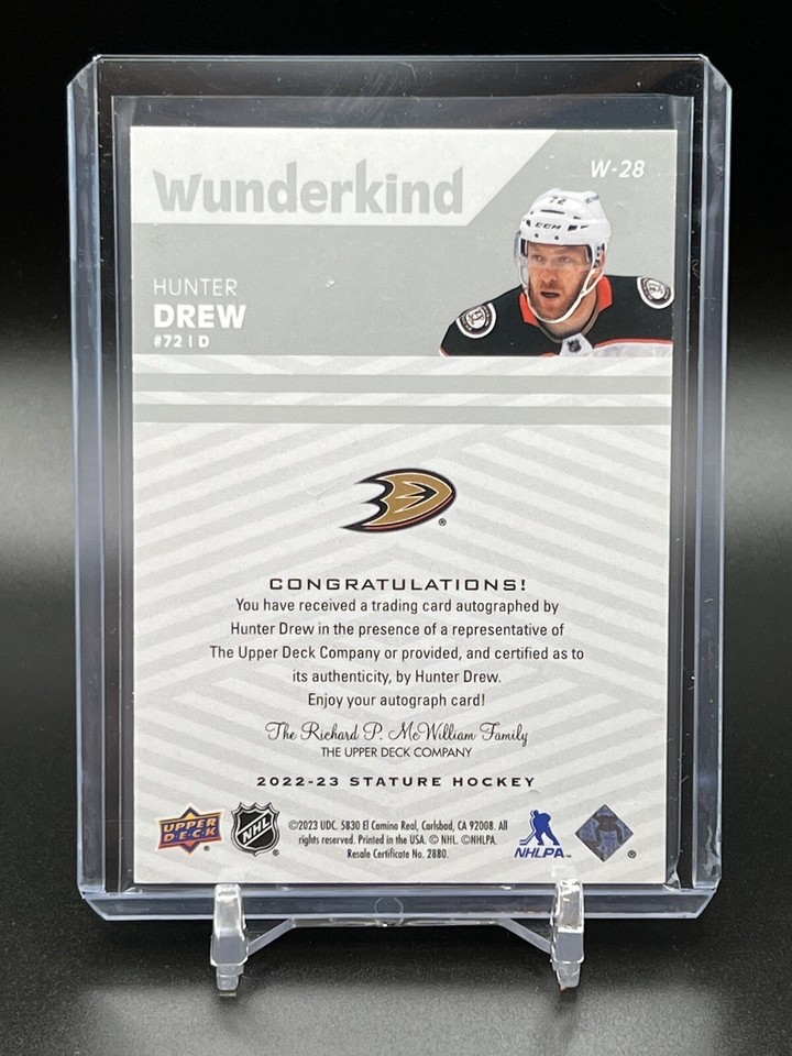 2022-23 UD Stature HUNTER DREW Wunderkind Rookie Auto - Anaheim Ducks ...