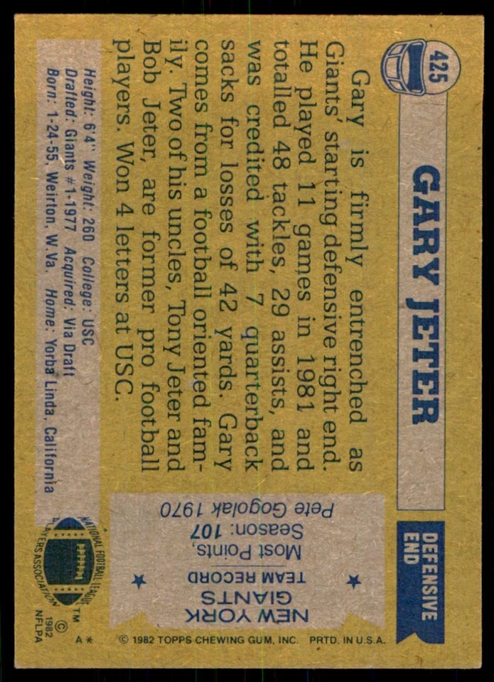 1982 Topps} Gary Jeter New York Giants #425 | eBay