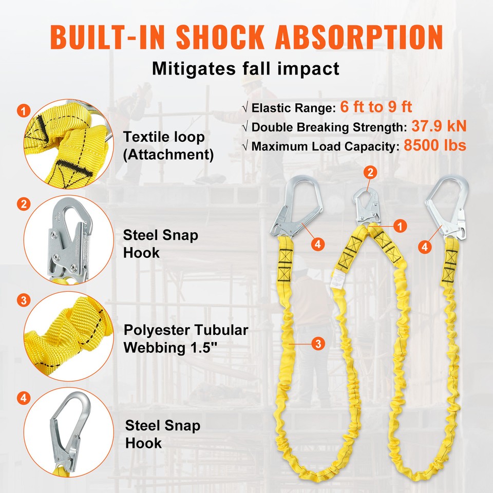 Uimoso 38mm Safety Lanyard 6ft(1.83m) Fall Protection Lanyard 2 Hooks ...