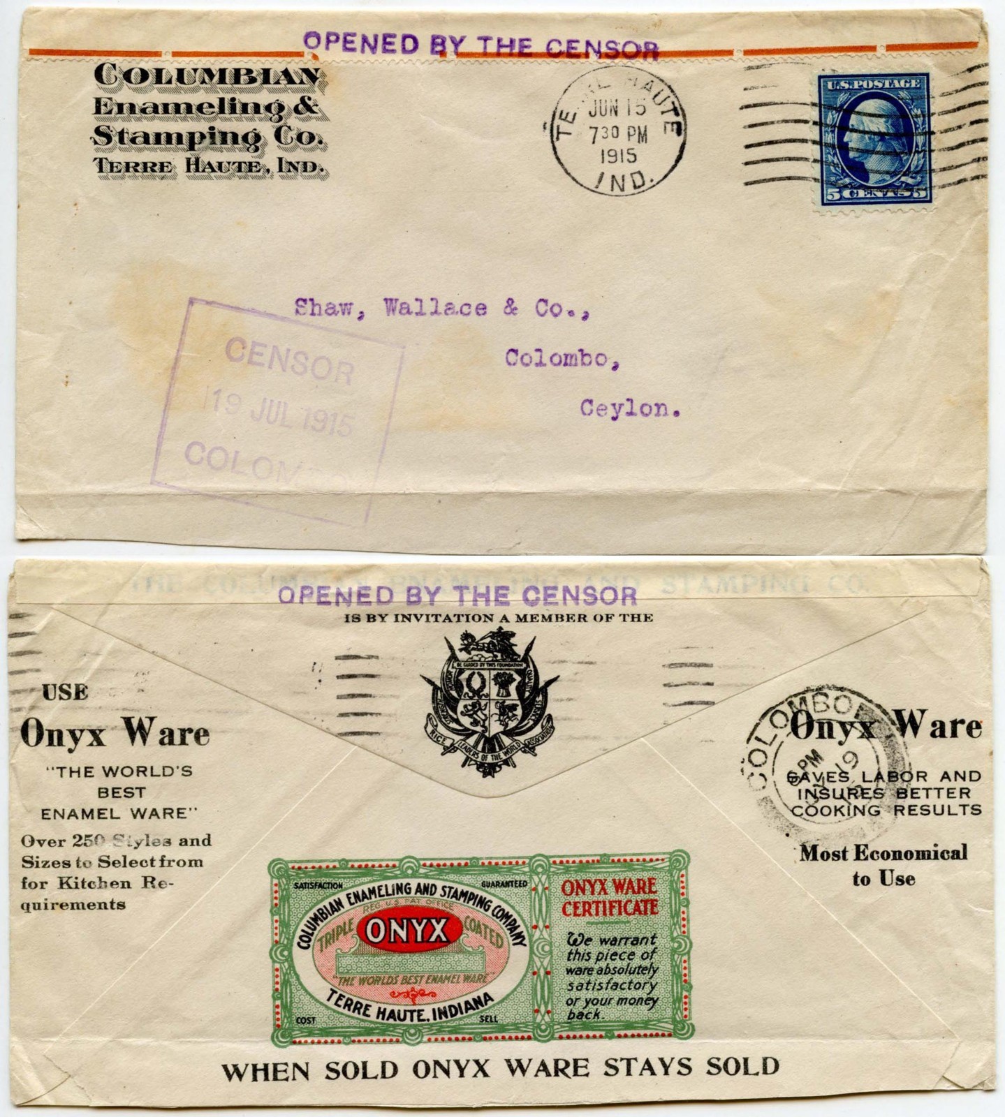 WW1 CENSORED ADVERTISING ENVELOPE USA to CEYLON COLUMBIAN ENAMEL CO ...