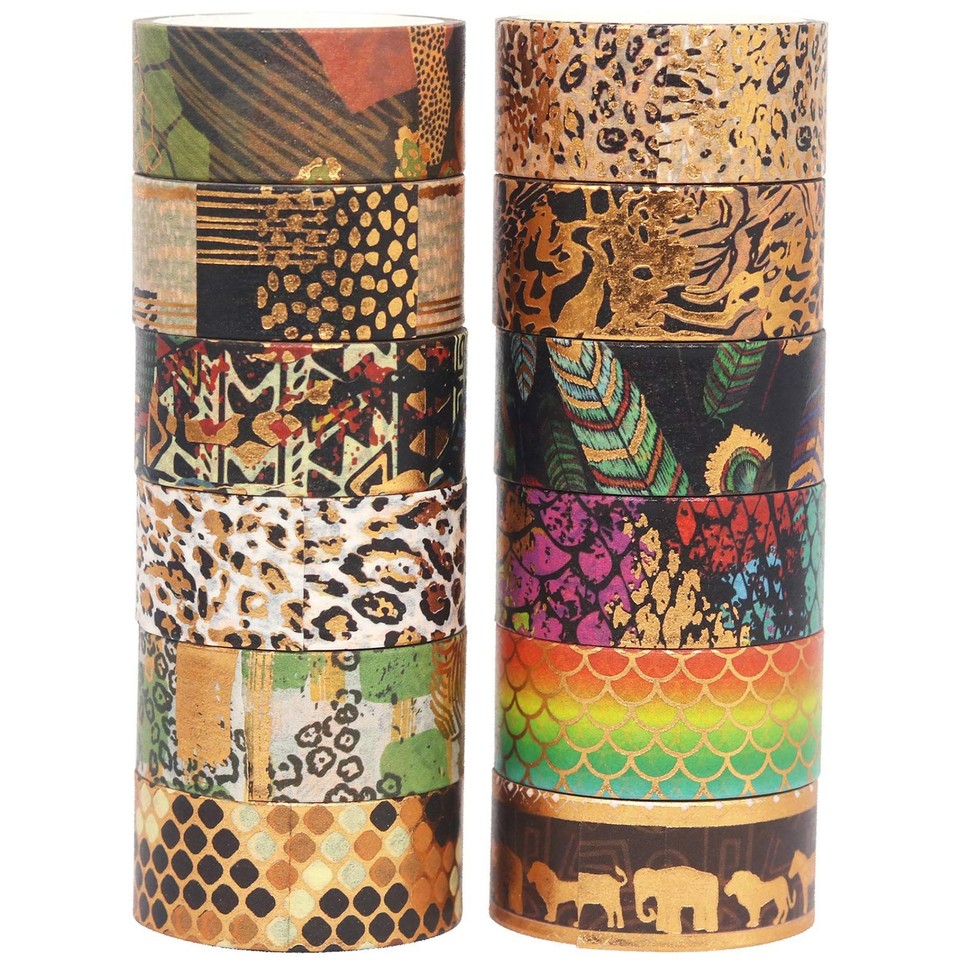 Wild Animals Washi Tape Set 12 Rolls Gold Foil Print Decorative Masking ...