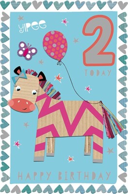 2nd Birthday Card for Girl with Cute Zibra & Foil Two Year Old Age 2 ...