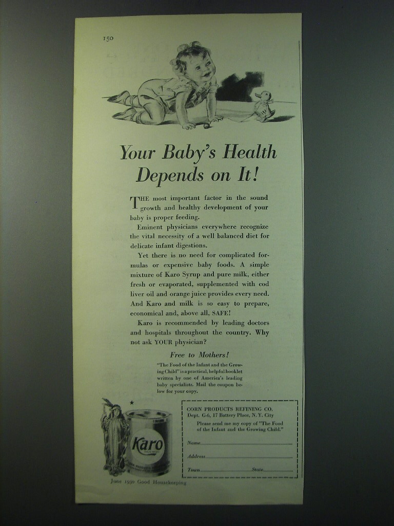 1930 Karo Syrup Ad - Your baby's health depends on it | eBay