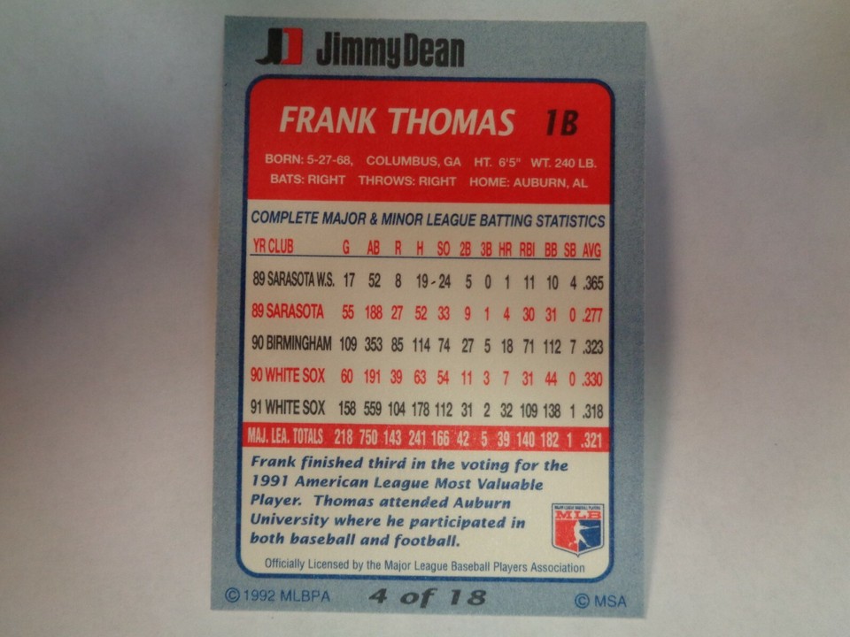 1992 Jimmy Dean Frank Thomas Card #4 of 18 | eBay