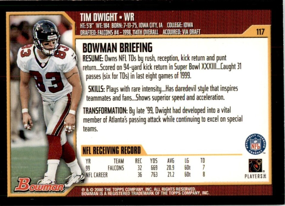2000 Bowman Tim Dwight Atlanta Falcons #117 Topps NFL Football Card | eBay