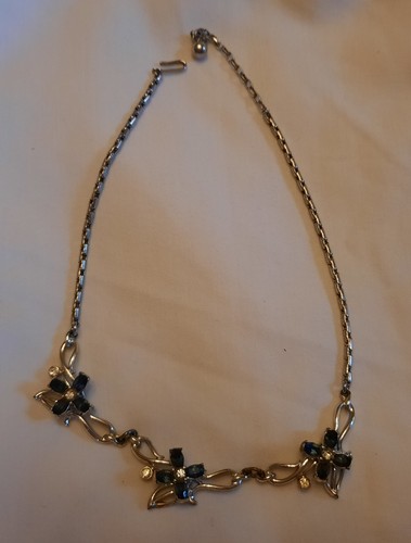Vintage Three Blue Stone Flowers 16" Necklace, Rhinestones, Silver ...