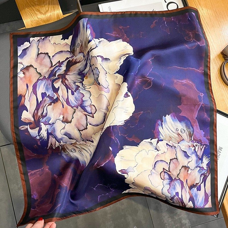 100% Silk 27" Square Scarf Women Neckerchief Bandana Purple Floral ...