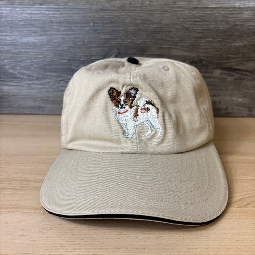 Papillon Hat Cap Strap Back Beige Brown Dog Embroidered Zip Pocket Adjustable | eBay