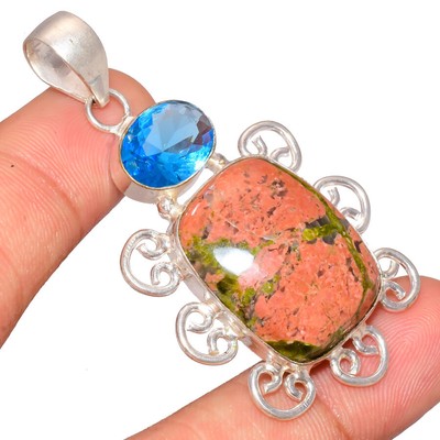 Natural Unakite Blue Topaz Anxiety 925 Sterling Silver Pendant Jewelry ...