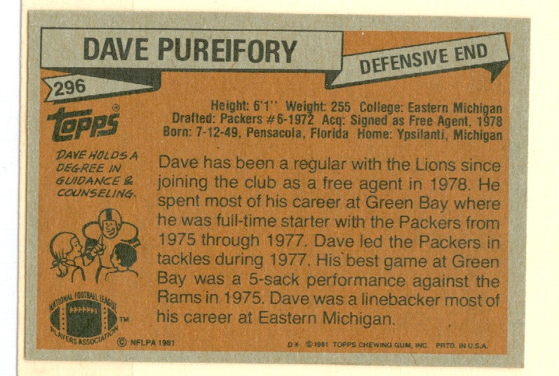 1981 TOPPS # 296 DAVE PUREIFORY MINT PERFECT CENTERED 90 CENTS SHIPPING ...