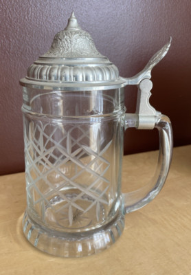 Vintage Enesco etched cut clear Glass Beer Stein pewter lid Western ...