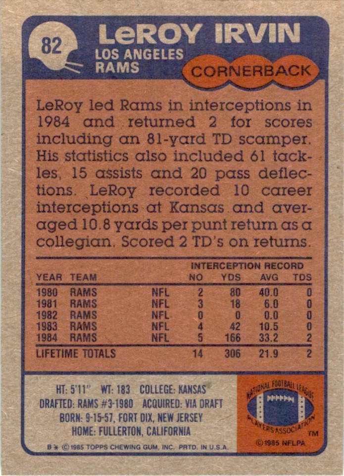 1985 TOPPS LEROY IRVIN. LOS ANGELES RAMS #82 | eBay