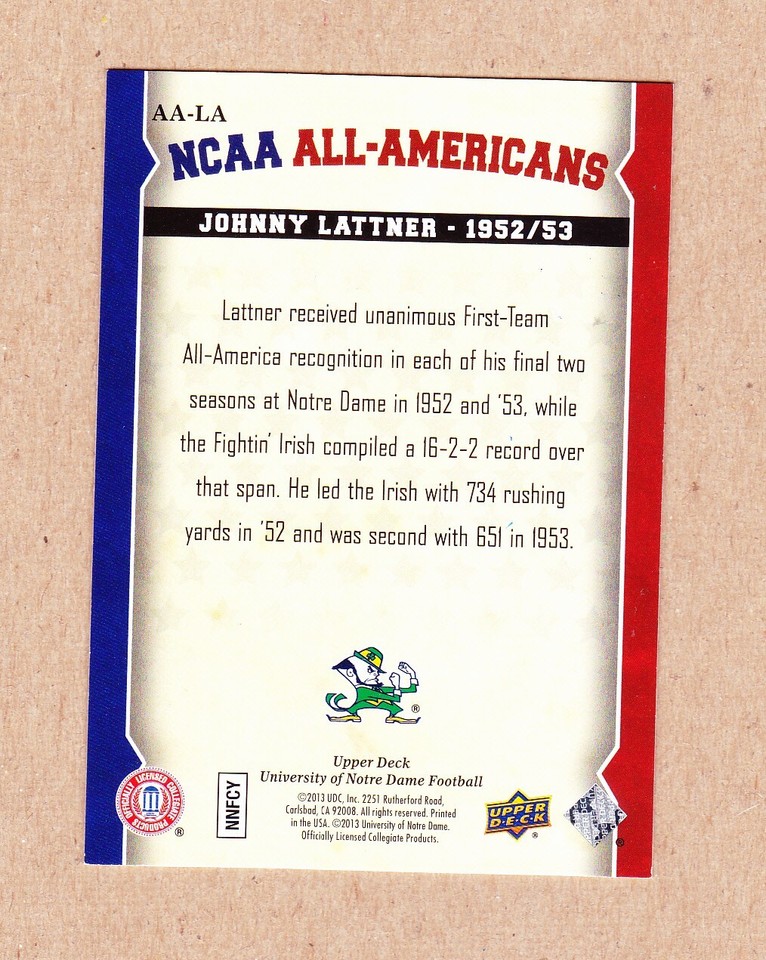 Johnny Lattner signed 2013 Upper Deck Notre Dame AA card #AALA Notre ...