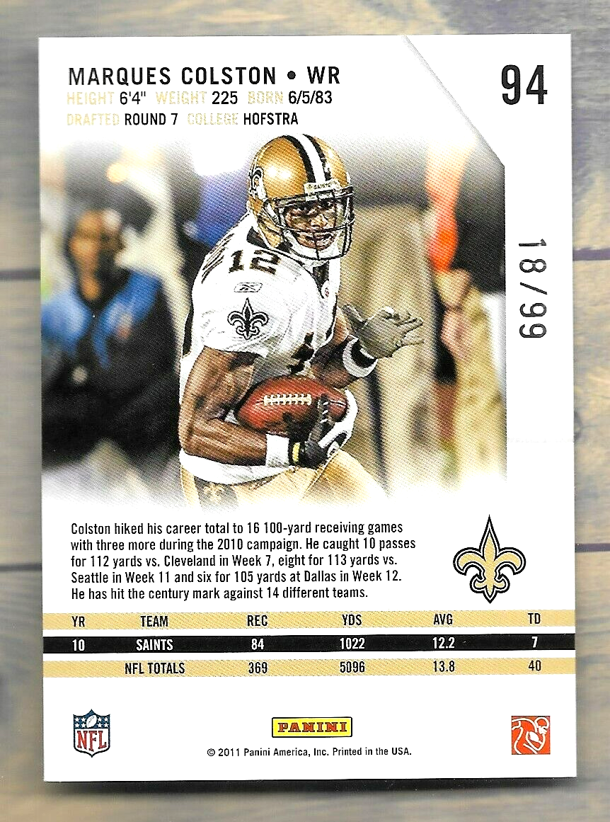 MARQUES COLSTON 2011 PANINI LONGEVITY SP INSERT CARD #'D 18/99! SAINTS ...