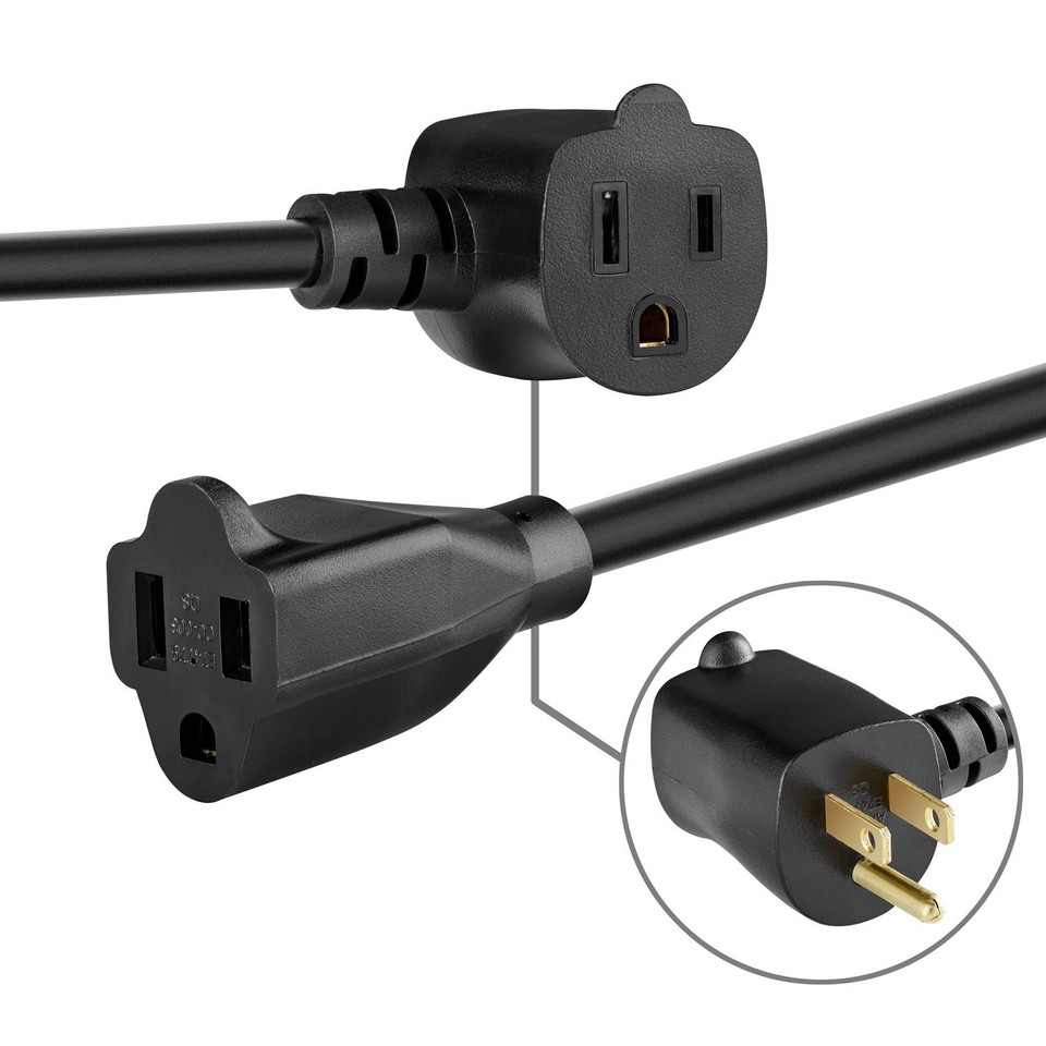 3FT Angled Extension Cord 2-Outlet Piggyback Black UL Certified ...