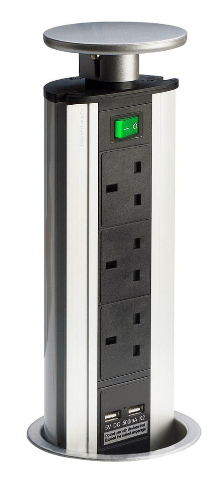 POP UP Power Tower 3 Socket 2 USB with Safety Switch Silver/Stainless ...