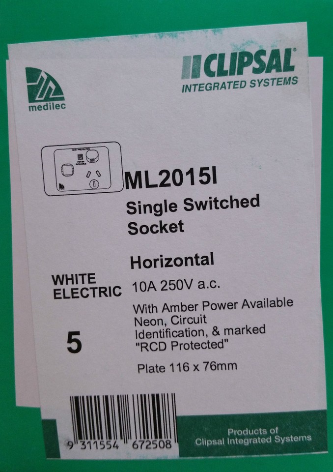 Clipsal Medilec 2000 Series Single Powerpoint Horizontal RCD Labelled ...