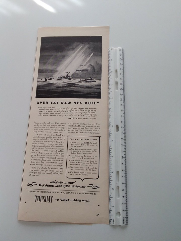 Toushay Lotion Print Ad Original Vtg 1943 WW2 Eat Raw Seagull? Bristol ...