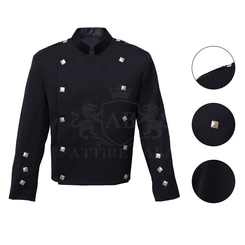 Black Montrose Jacket Scottish Serge Wool Traditional Doublet Pipers ...