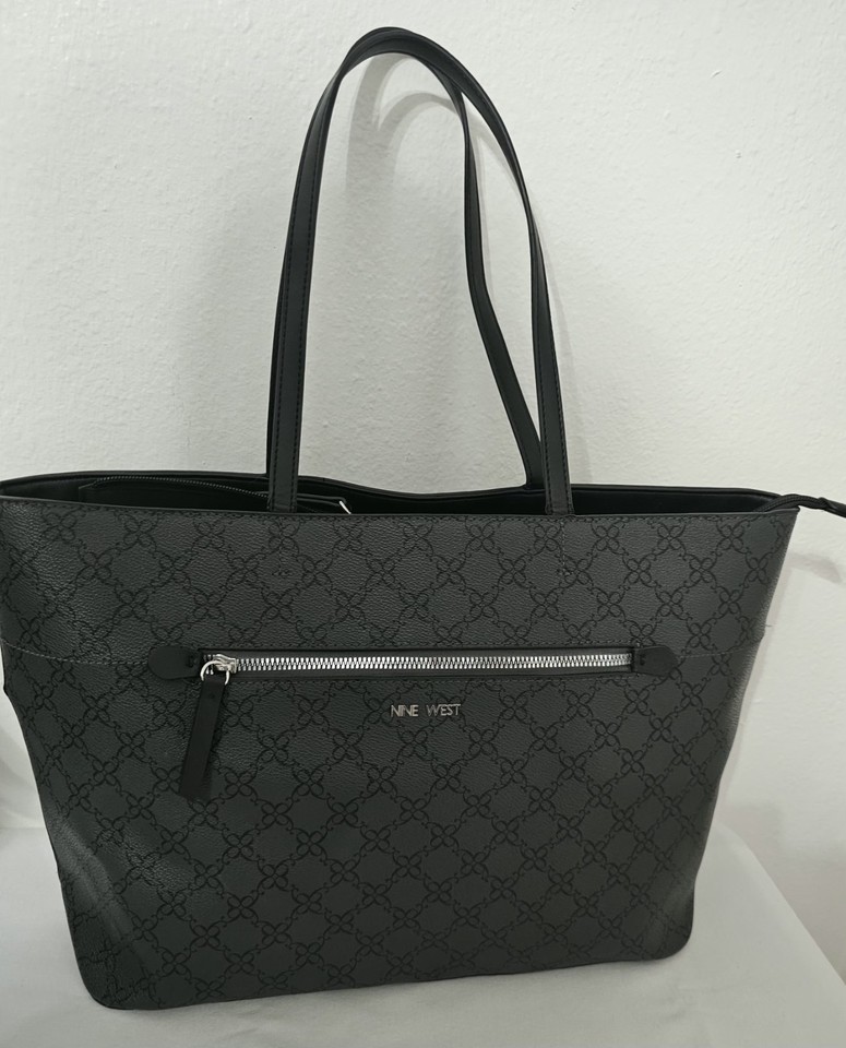 Nine West Black Geometric Tote Bag Zipper Accents Inner Outer Pockets ...