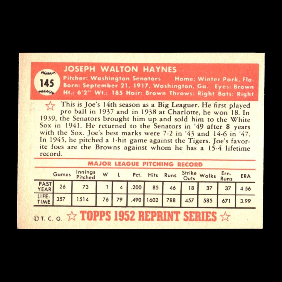 Joe Haynes 1983 Topps 1952 Reprint Series Washington Senators #145 NM+ ...