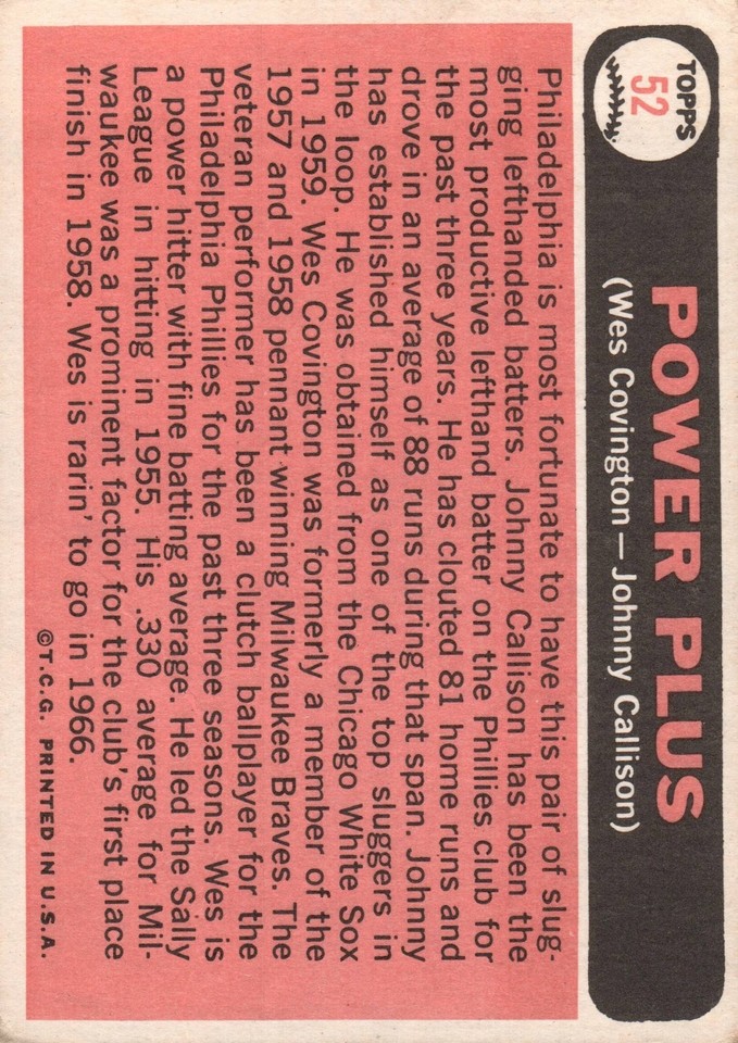 1966 Topps #52 Wes Covington / Johnny Callison CPC Philadelphia ...