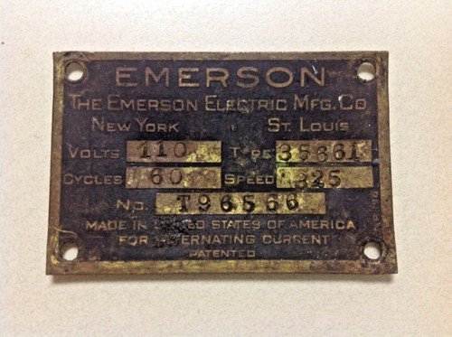 Vintage Original Emerson Electric Fan Motor ID Tag Plate Type 35661 ...