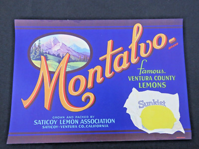ORIGINAL LEMON CRATE LABEL VINTAGE VENTURA COUNTY SATICOY MONTALVO 1930 ...